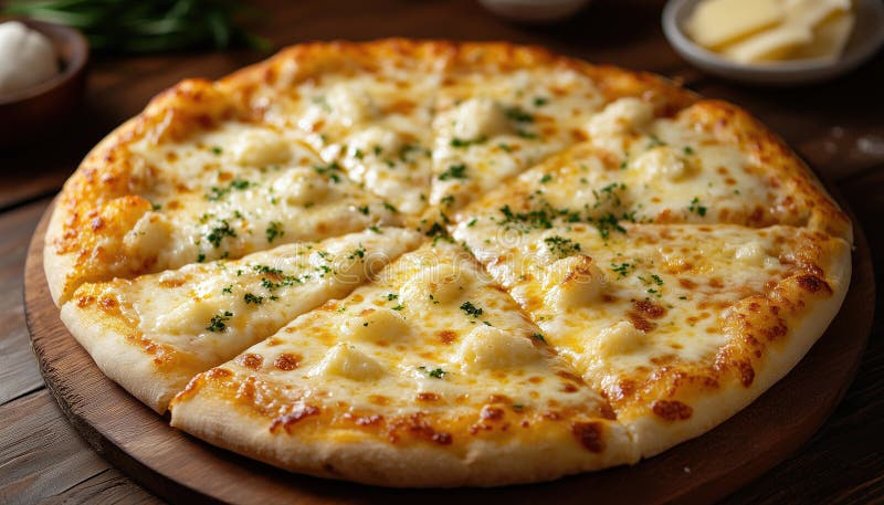 Delicious Four Cheese Pizza Sits on the Table Ready To Be Enjoyed Stock ...