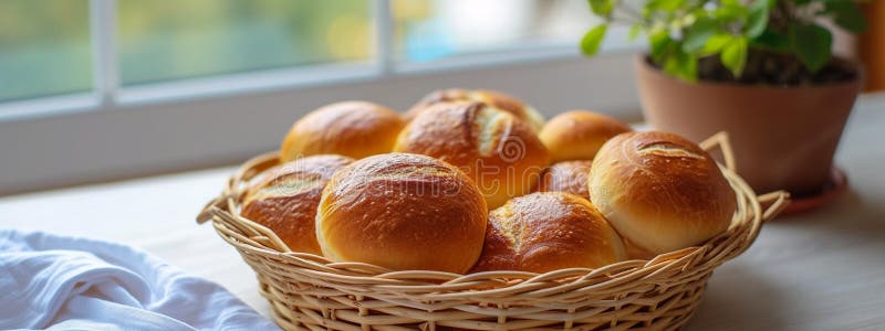 Delicious Fragrant Buns in a Basket in a Bright Kitchen. Stock Photo ...