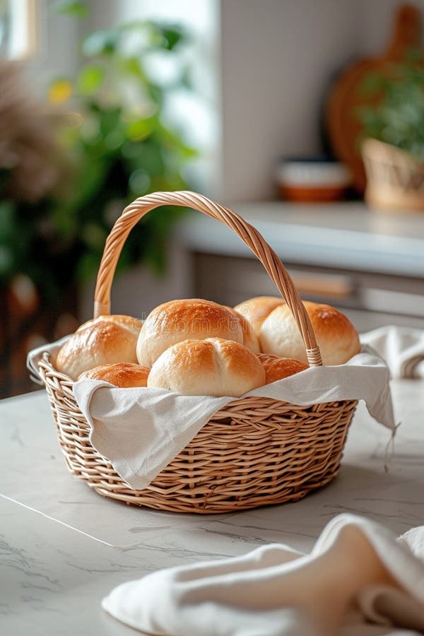 Delicious Fragrant Buns in a Basket in a Bright Kitchen. Stock Image ...