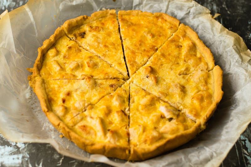 Delicious French Quiche Pie with Chicken and Cheese. Baking Process ...