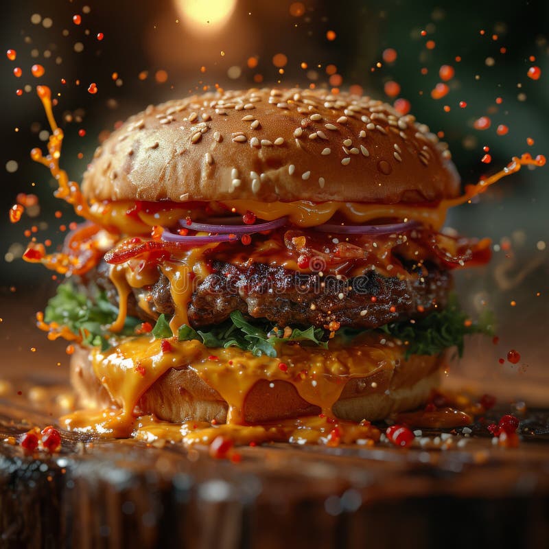 Delicious Fresh Burger with Flying Ingredients on Dark Background Stock ...