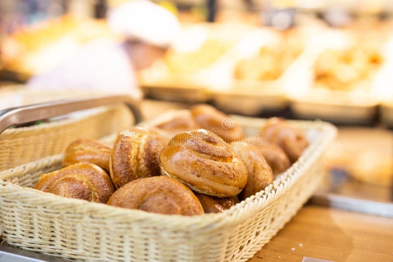 Delicious Fresh Butter Buns in Baskets in Bakery Stock Image - Image of ...