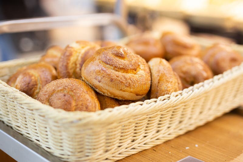 Delicious Fresh Butter Buns in Baskets in Bakery Stock Image - Image of ...
