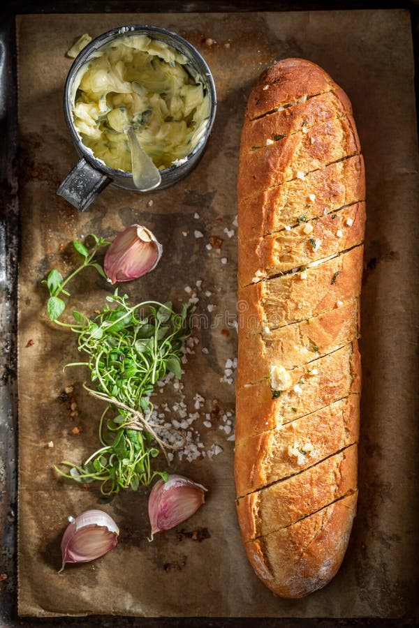 Delicious and Fresh Garlic Bread with Thyme and Salt Stock Photo ...