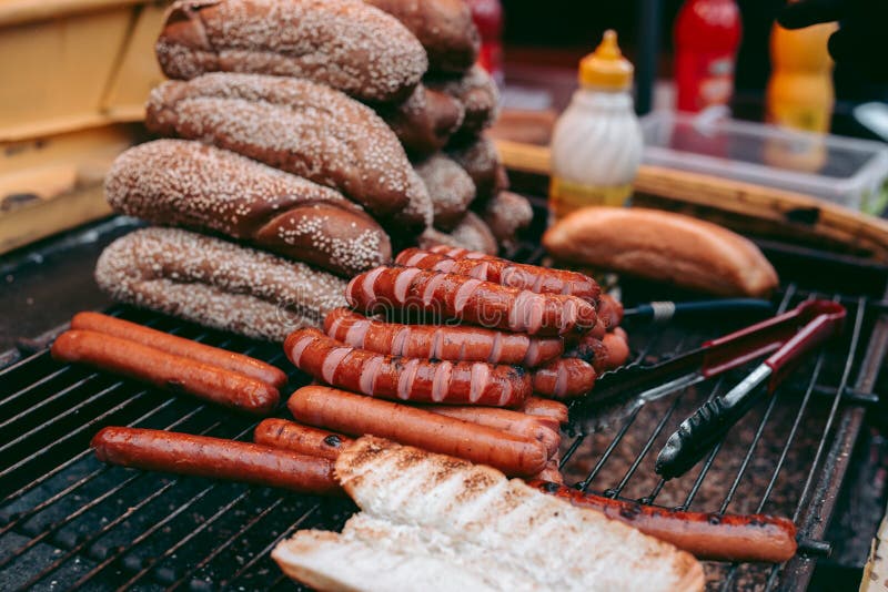 Delicious Fresh Hot Dogs on the Grill Stock Photo - Image of grilled ...