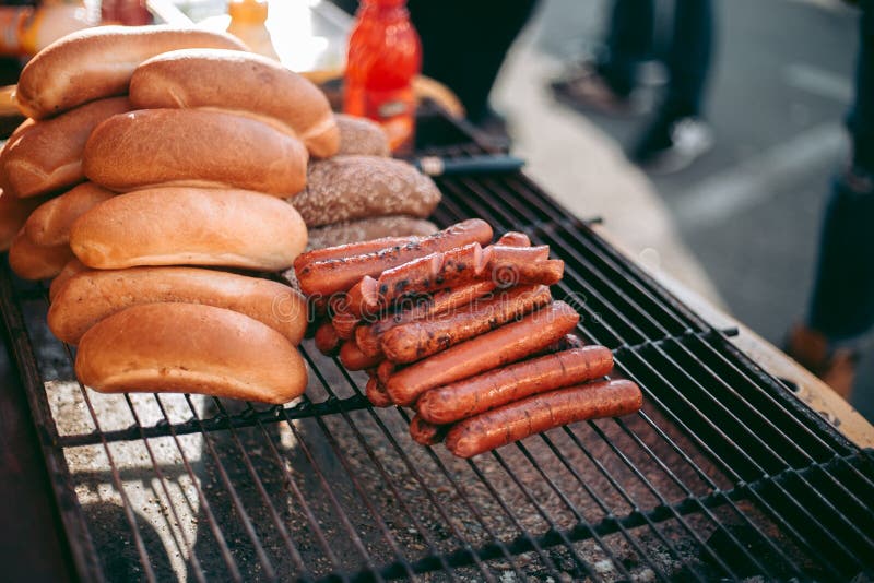 Delicious Fresh Hot Dogs on the Grill Stock Photo - Image of beef ...