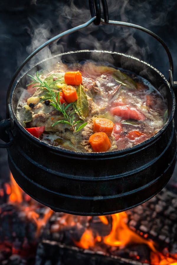 Delicious and Fresh Hunter`s Stew on Campfire Stock Photo - Image of ...