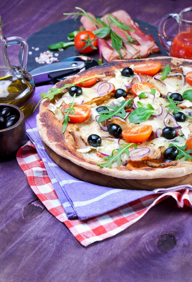 Delicious Fresh Pizza Served on Wooden Table Stock Photo - Image of ...