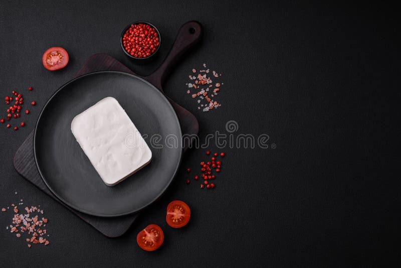 Delicious Fresh Rectangular Shaped Feta Cheese with Spices and ...