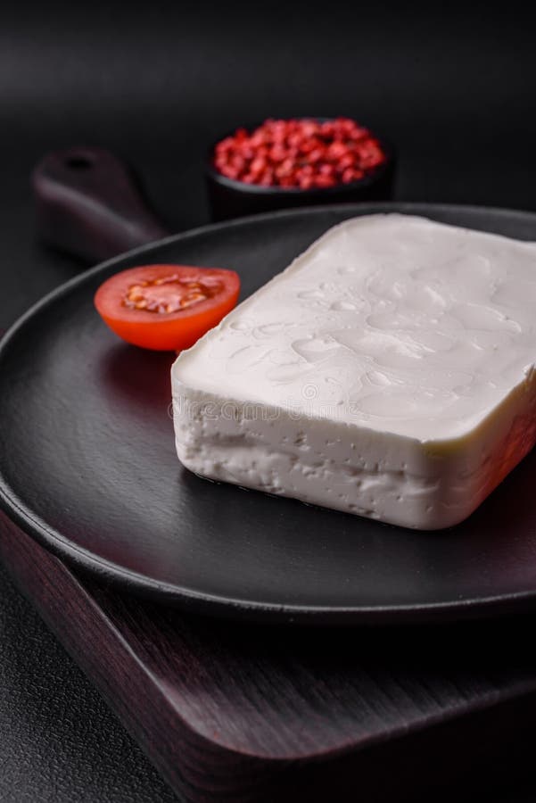 Delicious Fresh Rectangular Shaped Feta Cheese with Spices and ...