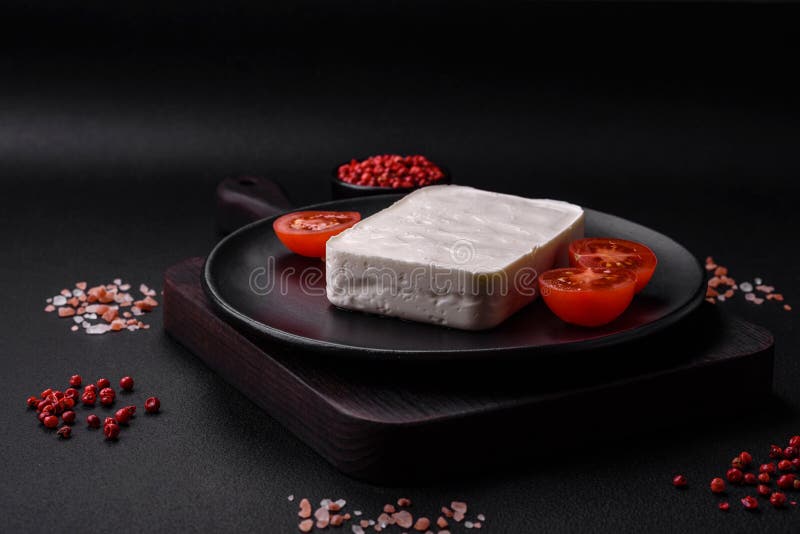 Delicious Fresh Rectangular Shaped Feta Cheese with Spices and ...