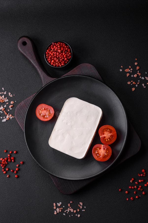 Delicious Fresh Rectangular Shaped Feta Cheese with Spices and ...
