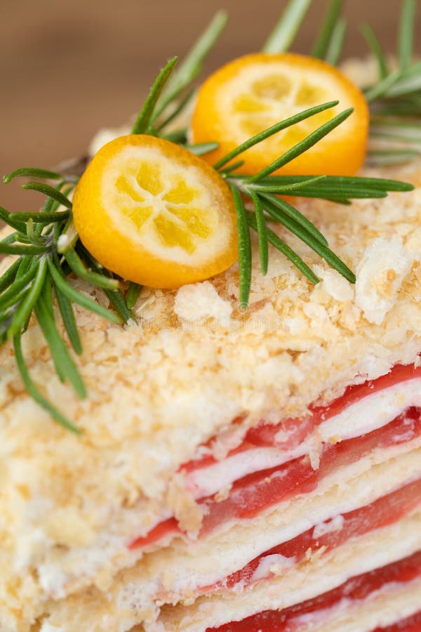 Delicious Fresh Sweet Fruit Cake Decorated with Lemon Stock Photo ...