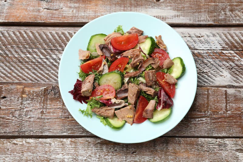 Delicious Fresh Tuna Salad on Wooden Table, Top View Stock Image ...