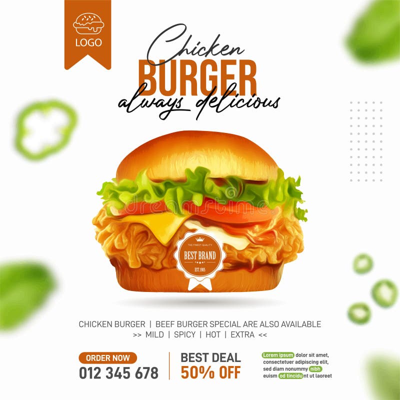 Delicious Fried Chicken Burger in 3d Illustration Social Media Stock ...