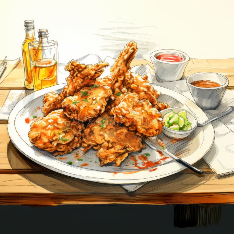 Delicious Fried Chicken Plate with Artistic Illustrations Stock ...