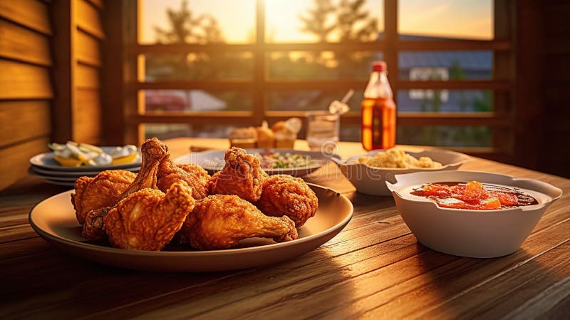 Delicious Fried Chicken Set on Wooden Restaurant Table Generative AI ...
