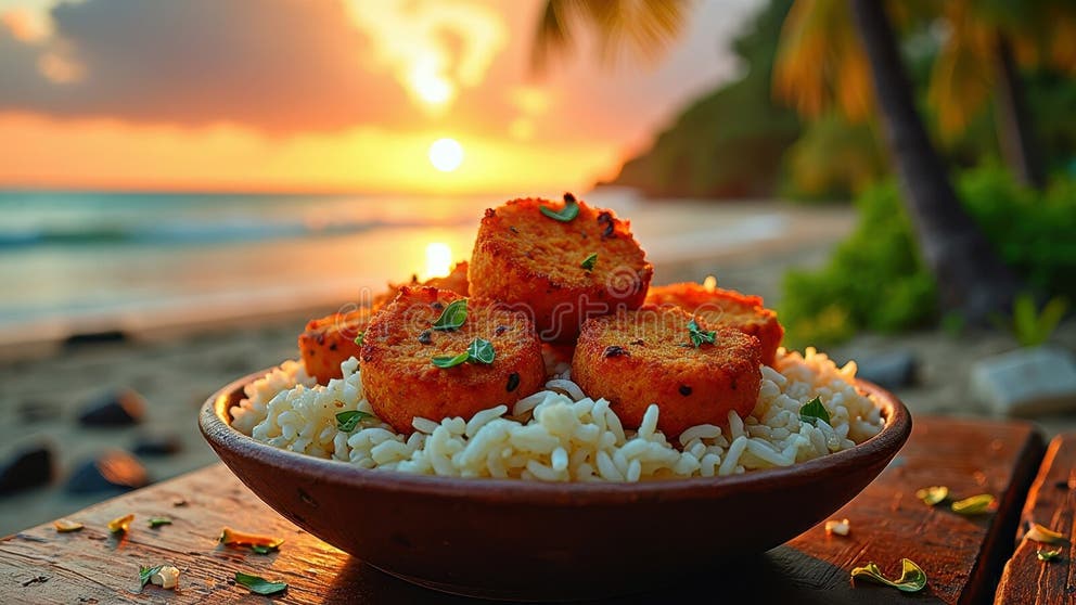 Delicious Fried Fish Cakes with Rice on Tropical Beach at Sunset Stock ...