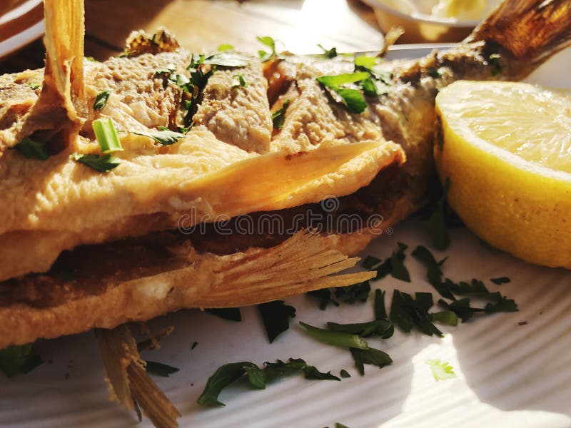 Delicious Fried Grilled Fish on a Plate in a Restaurant. Stock Photo ...