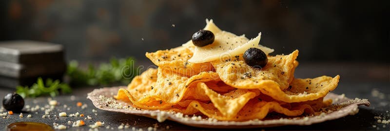Delicious Fried Pasta Chips with Black Olives and Cheese Garnish on ...