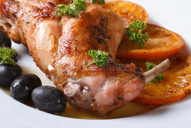 Delicious Fried Rabbit Leg with Oranges, Macro. Horizontal Stock Image ...