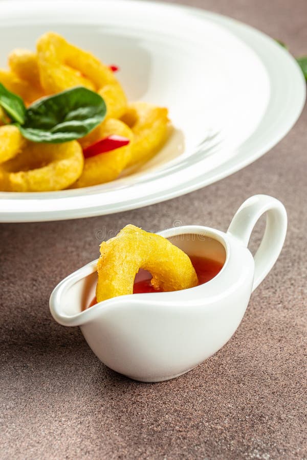 Delicious Fried Squid Rings with Sweet Chilli Sauce, Vertical Image ...