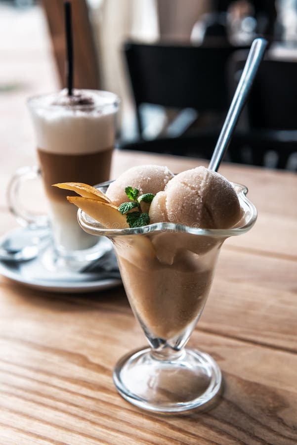 Delicious Fruit Ice Cream and Latte Stock Photo - Image of iced, bowl ...
