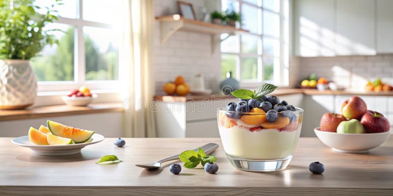 Delicious Fruit Parfait with Creamy Yogurt in a Bright Kitchen Setting ...