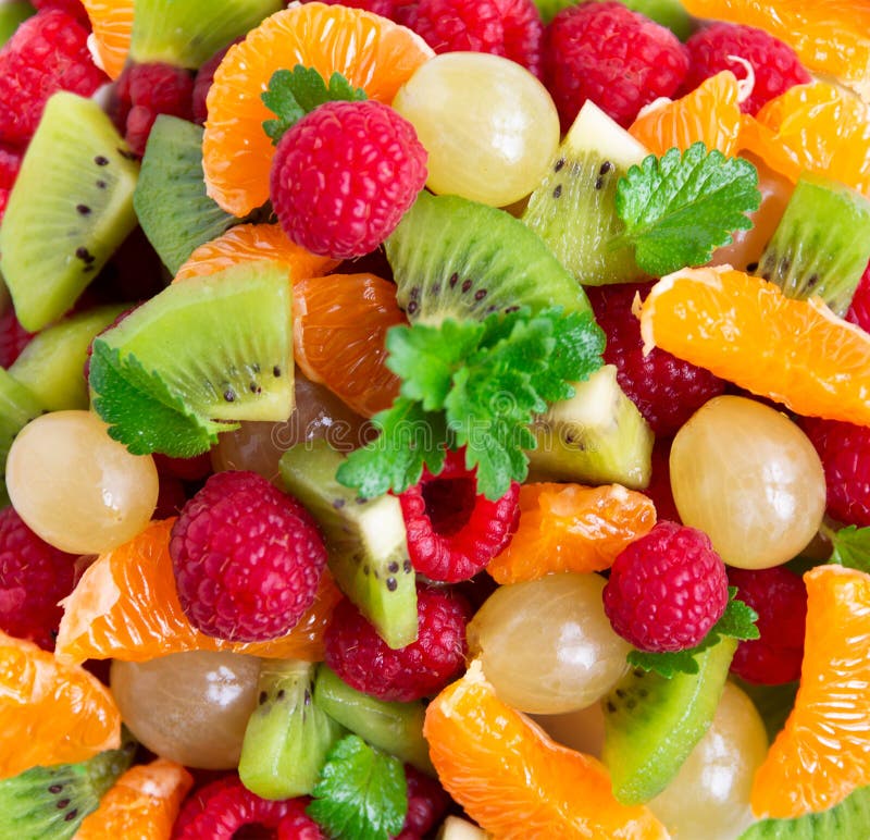 Fresh Fruit Salad with with Raspberry, Mandarin and Other Fruit Stock ...