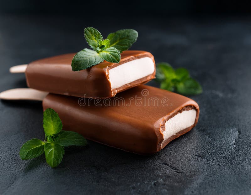 Delicious Glazed Ice Cream Bars and Mint on Black Table. Space for Text ...