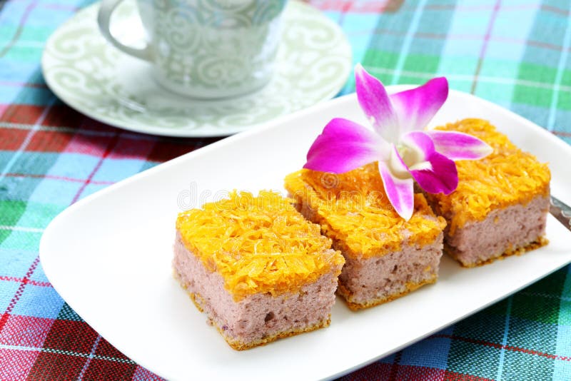 Delicious Gold Egg Yolk Thread Cakes on White Plate and Coffee. Stock ...