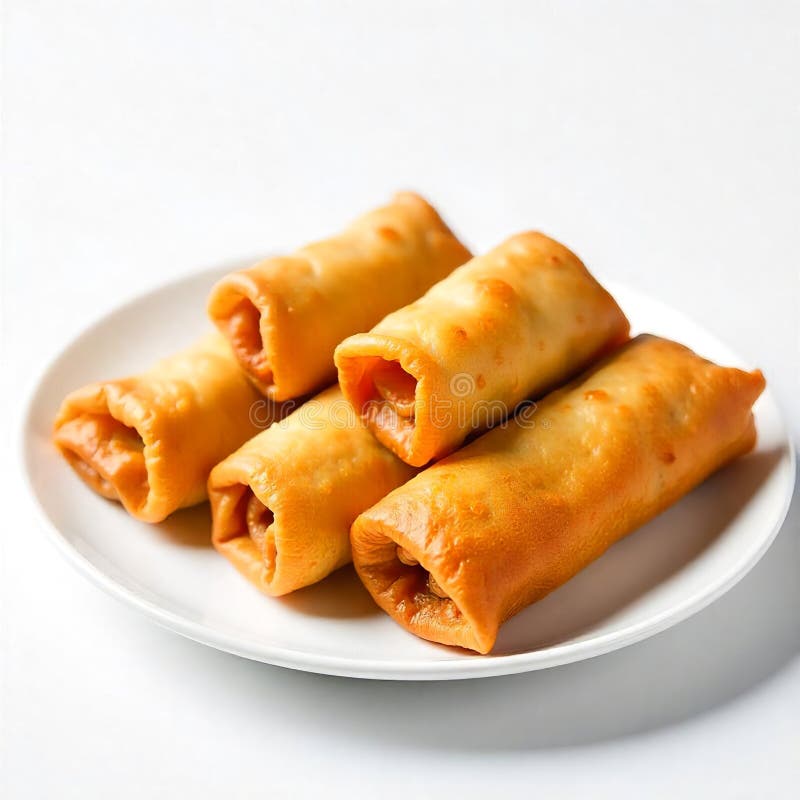 Delicious Golden Fried Spring Rolls on White Plate Stock Illustration ...