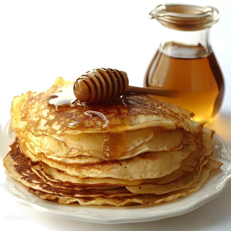Delicious Golden Pancakes Stack Drizzled with Honey and Dipper Stock ...