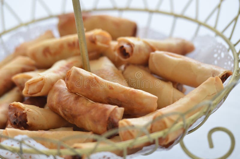 The Delicious Golden Spring Rolls Serve in a Wodden Basket Stock Photo ...