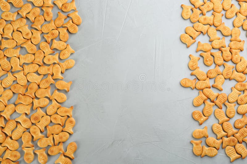 Delicious Goldfish Crackers on Grey Table, Flat Lay. Space for Text ...