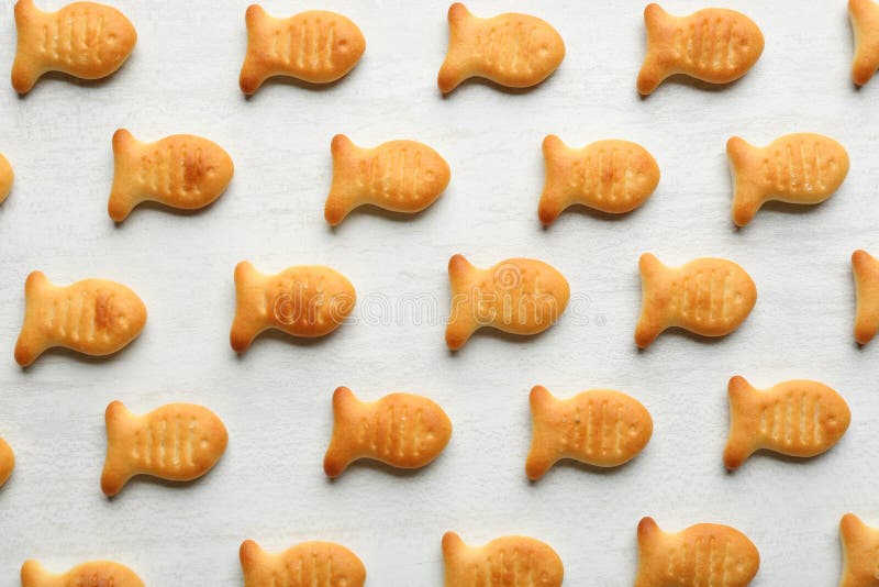 Delicious Goldfish Crackers on Table, Flat Lay Stock Photo - Image of ...