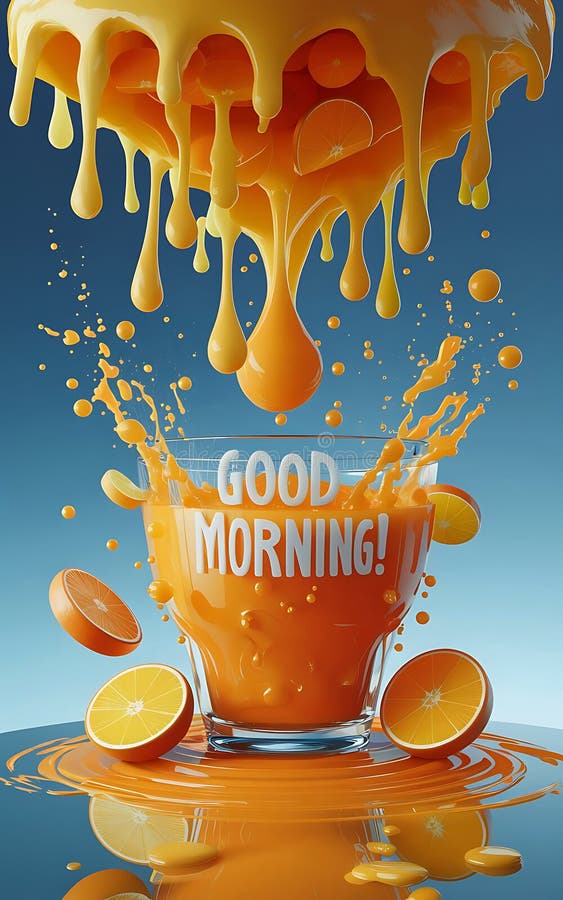 Delicious "Good Morning" Juice Splash with Vibrant Oranges Stock ...