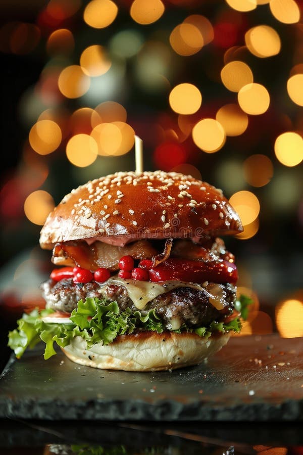 Delicious Gourmet Burger with Festive Lights in the Background Stock ...