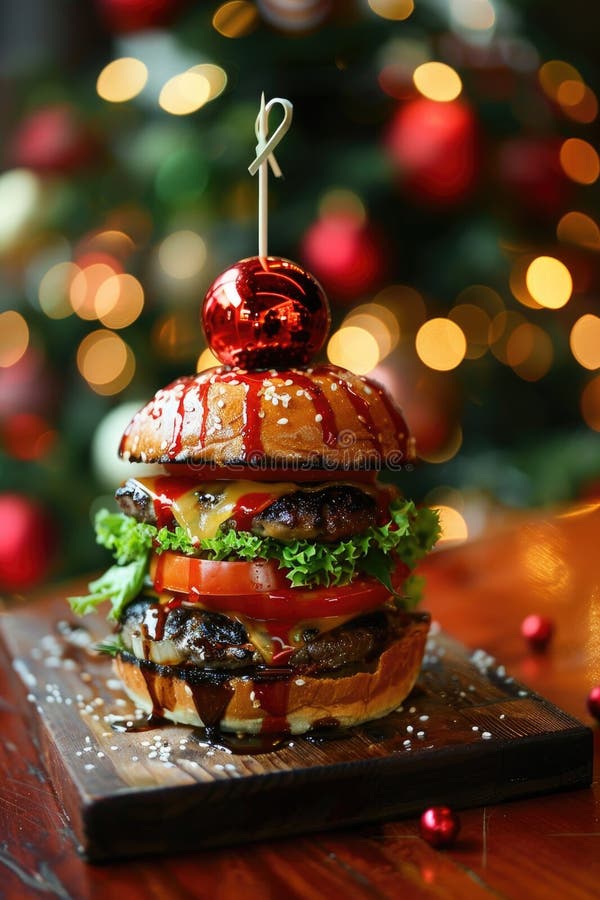 Delicious Gourmet Burger with Festive Lights in the Background Stock ...