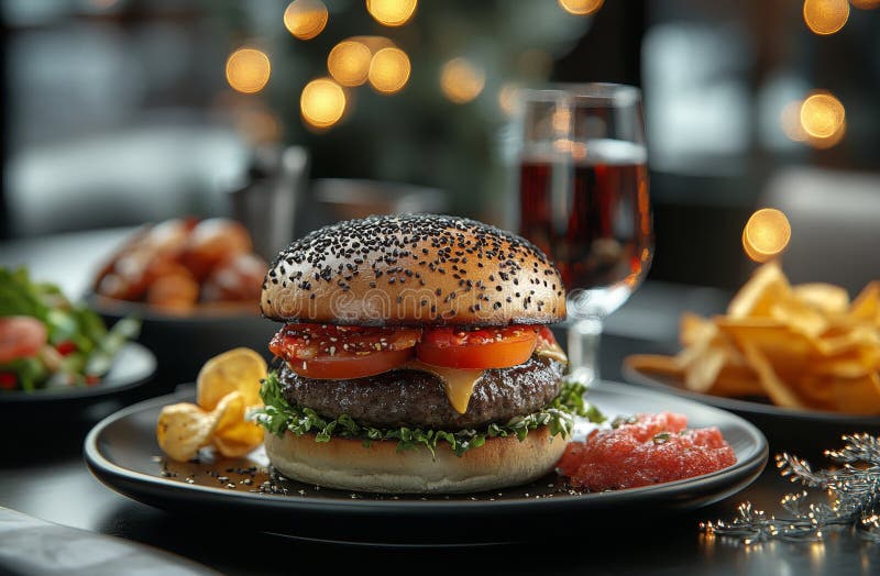 Delicious Gourmet Burger with Fresh Toppings Served at an Upscale ...