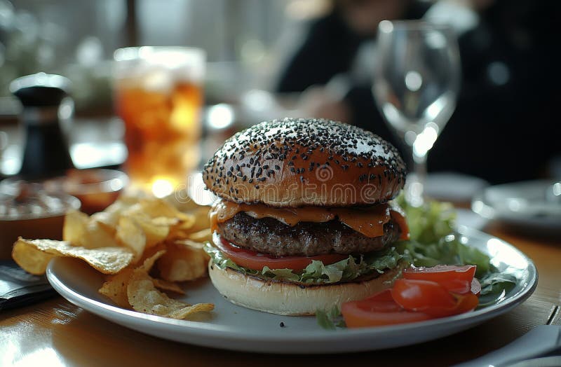 Delicious Gourmet Burger with Fresh Toppings Served at an Upscale ...