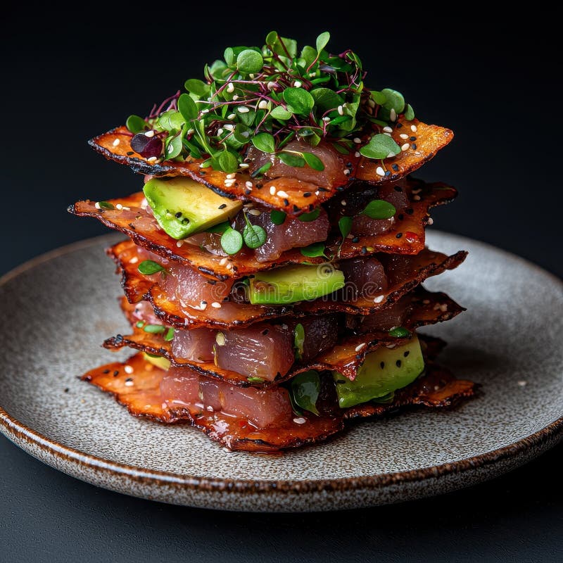 Delicious Gourmet Tuna Poke Stack on Crispy Wonton Chips Stock ...
