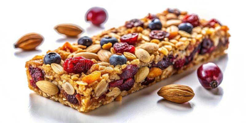 Delicious Granola Bar with Berries and Nuts on White Background ...