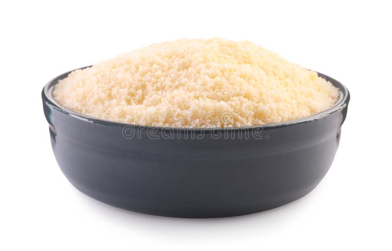 Delicious Grated Parmesan Cheese in Bowl Isolated Stock Photo - Image ...