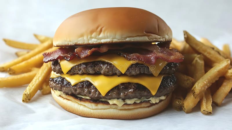 Delicious Greasy Cheeseburger with Bacon and Fries, Perfect for ...