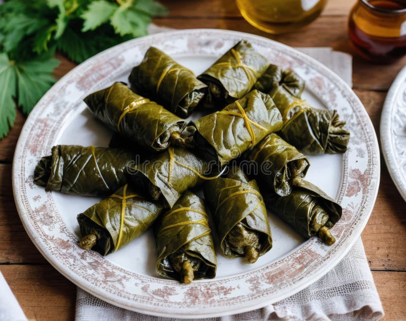 A Delicious Greek Traditional Dolmades with Rustic Table Setting Stock ...