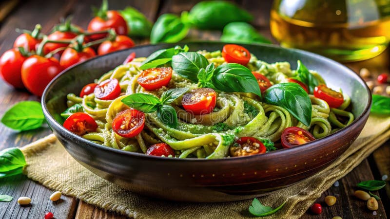 Delicious Green Pasta with Cherry Tomatoes and Basil. Generative AI ...