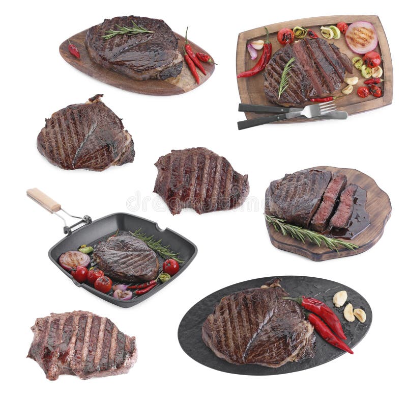 Delicious Grilled Beef Meat Isolated on White, Collage Design Stock ...