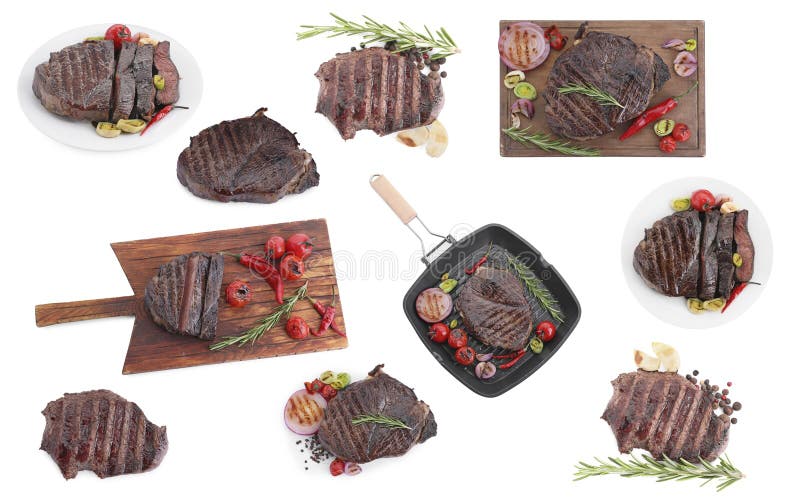 Delicious Grilled Beef Meat Isolated on White, Collage Design Stock ...
