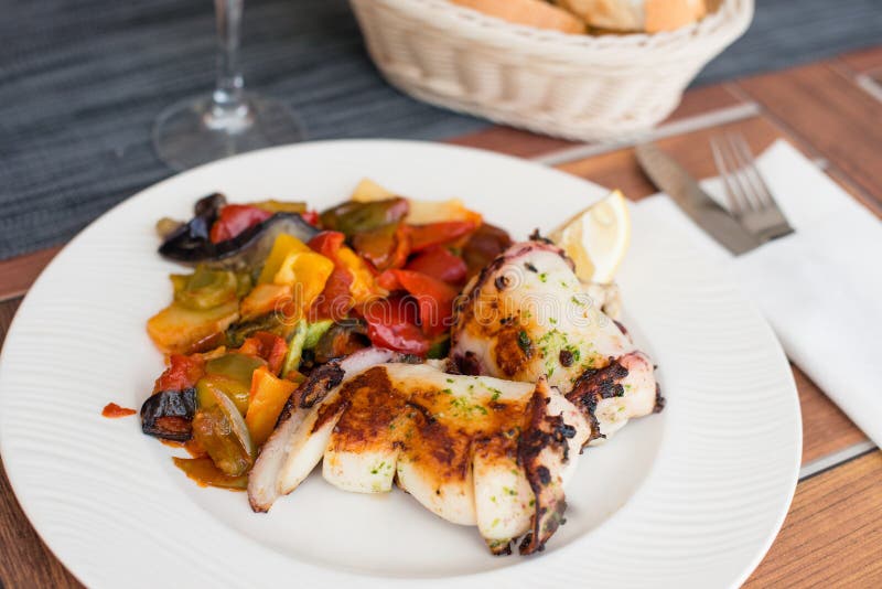 Grilled Calamari Squid with Vegetable Stock Image - Image of delicious ...